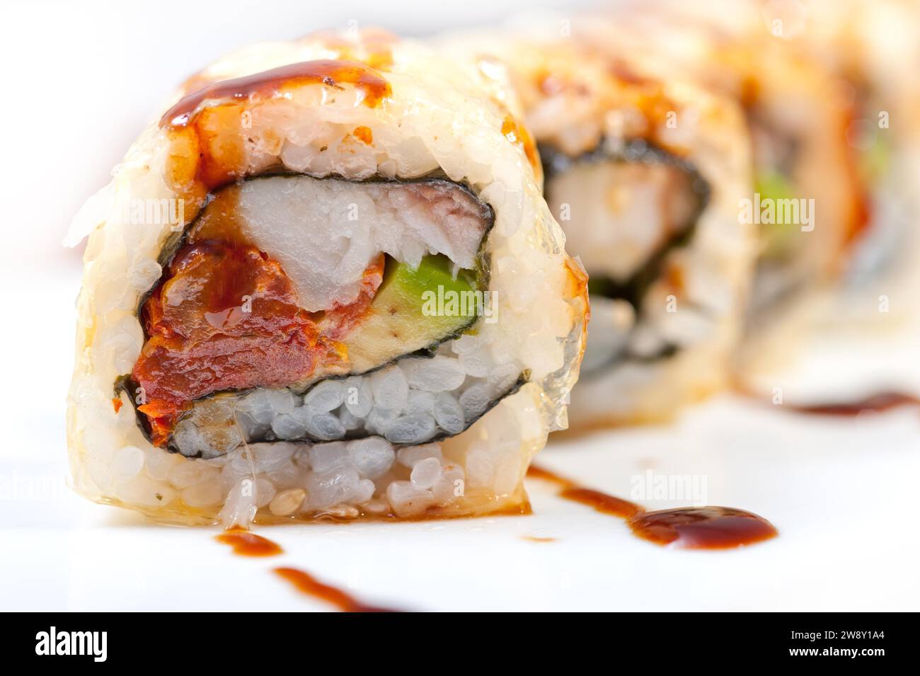 Macro closeup of fresh sushi choice combination assortment selection ...