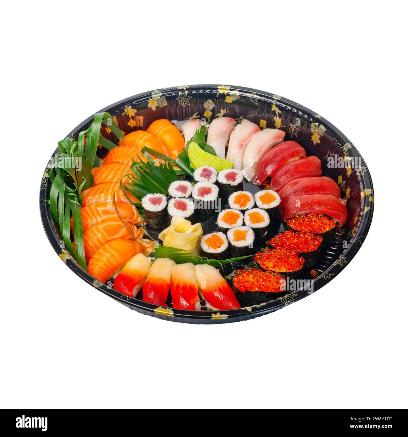 Take away selection of fresh sushi express on plastic tray, food ...