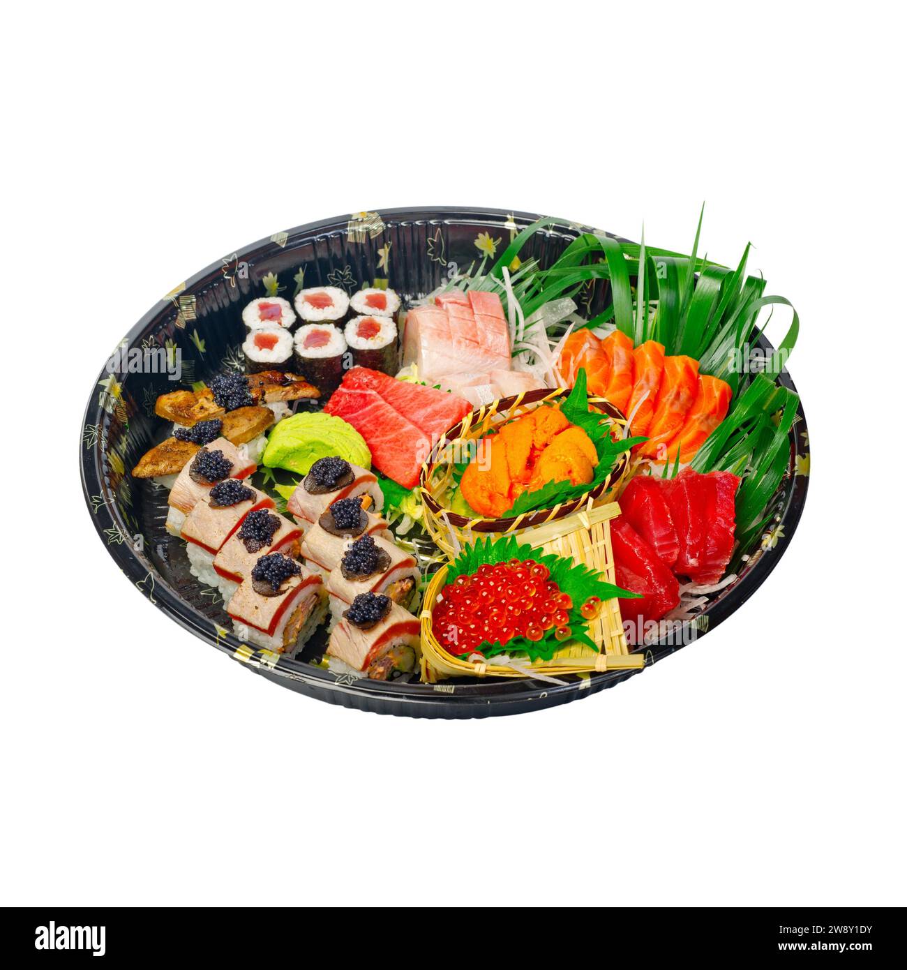 Take away selection of fresh sushi express on plastic tray, food ...