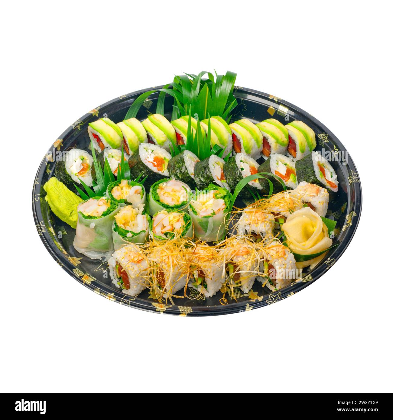 Take away selection of fresh sushi express on plastic tray, food ...