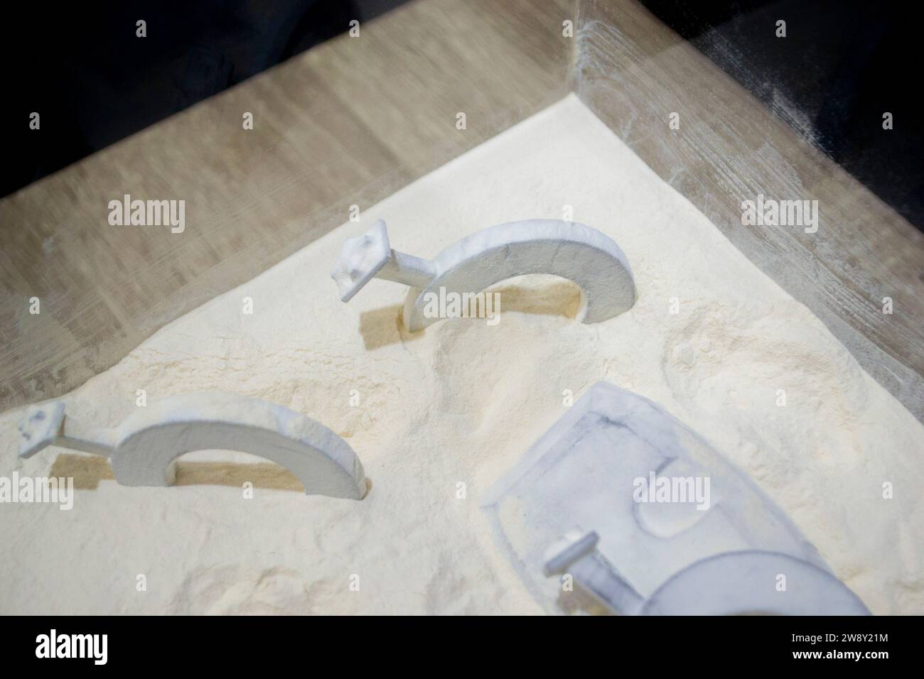 Objects printed on a 3D printer from powdered polyamide lying in white ...