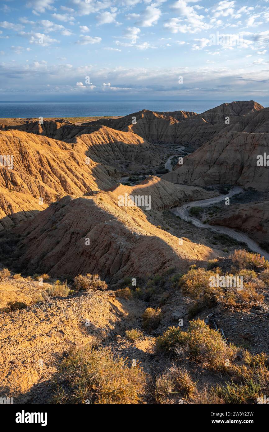 Canyon runs through a landscape of eroded hills at sunrise, Badlands ...