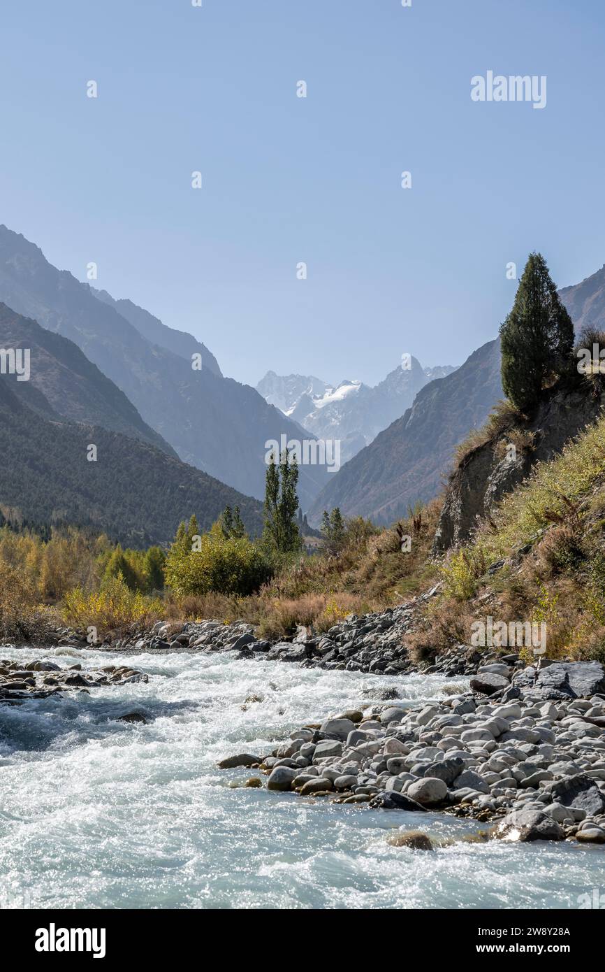 Mountain stream Ala Archa flows through the Ala Archa valley, autumnal ...