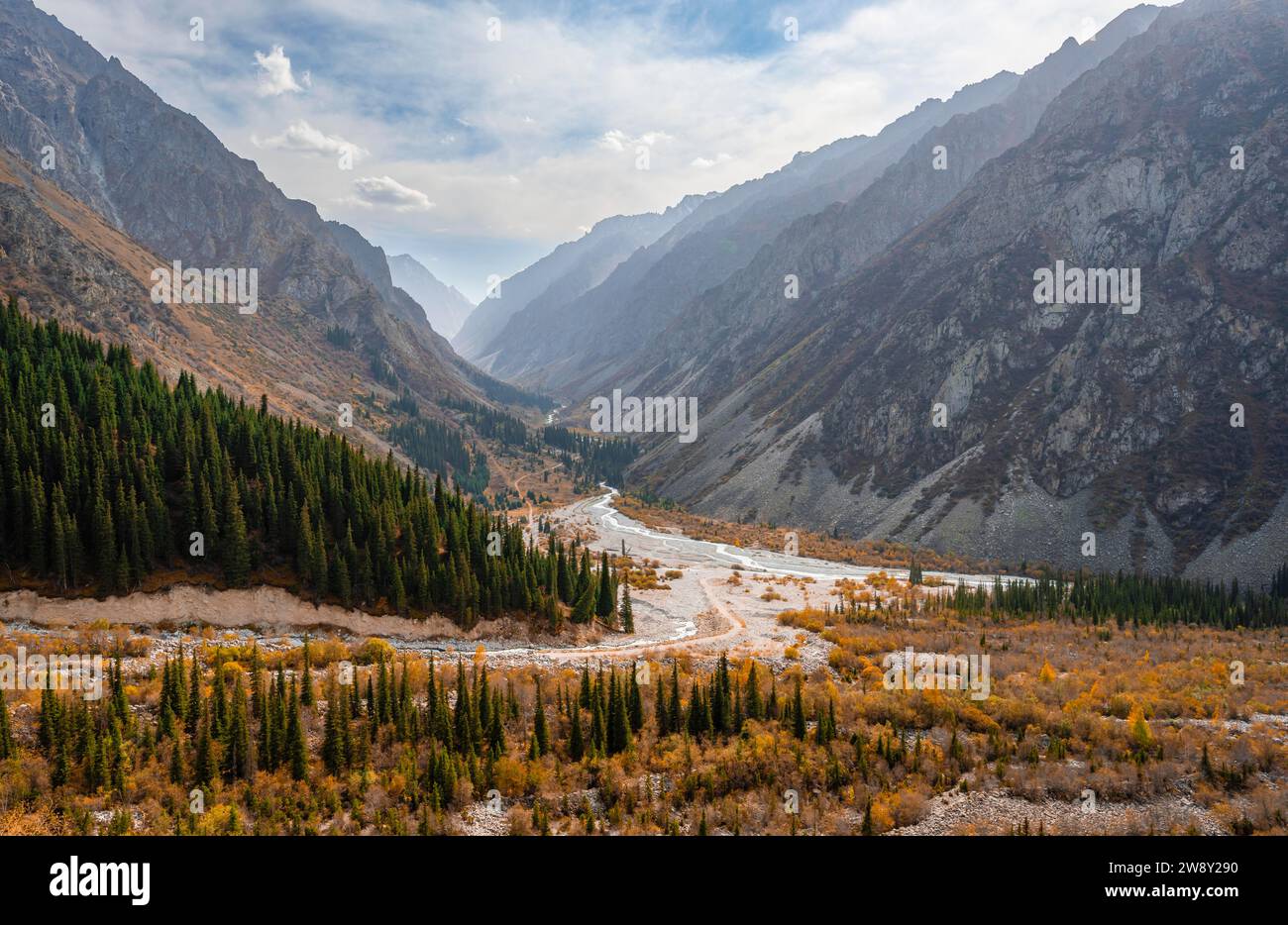 View into the Ala Archa valley, autumnal mountain landscape, mountain stream Ak Say and Ala ...