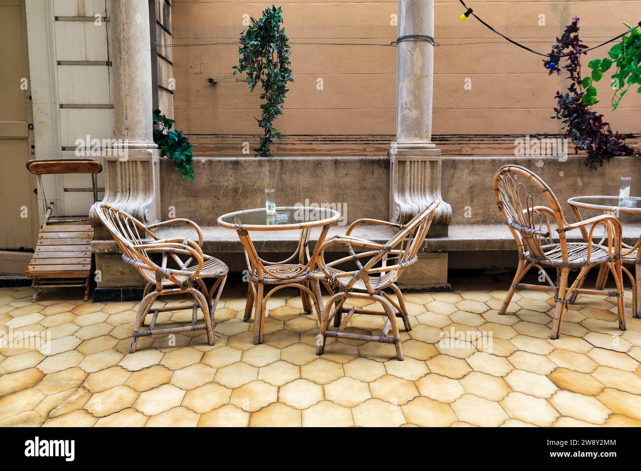 Roof terrace in a hostel, hotel, seating, simple bamboo furniture ...