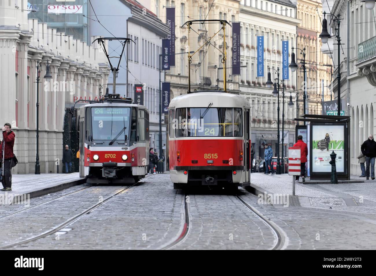 Trams on the move in the city centre, Prague, Czech Republic Stock ...
