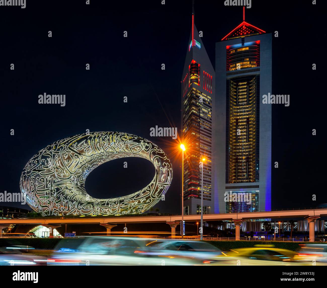 Night shot, Eye of the Future, Sheik Zayed Road, Downtown Dubai, United ...