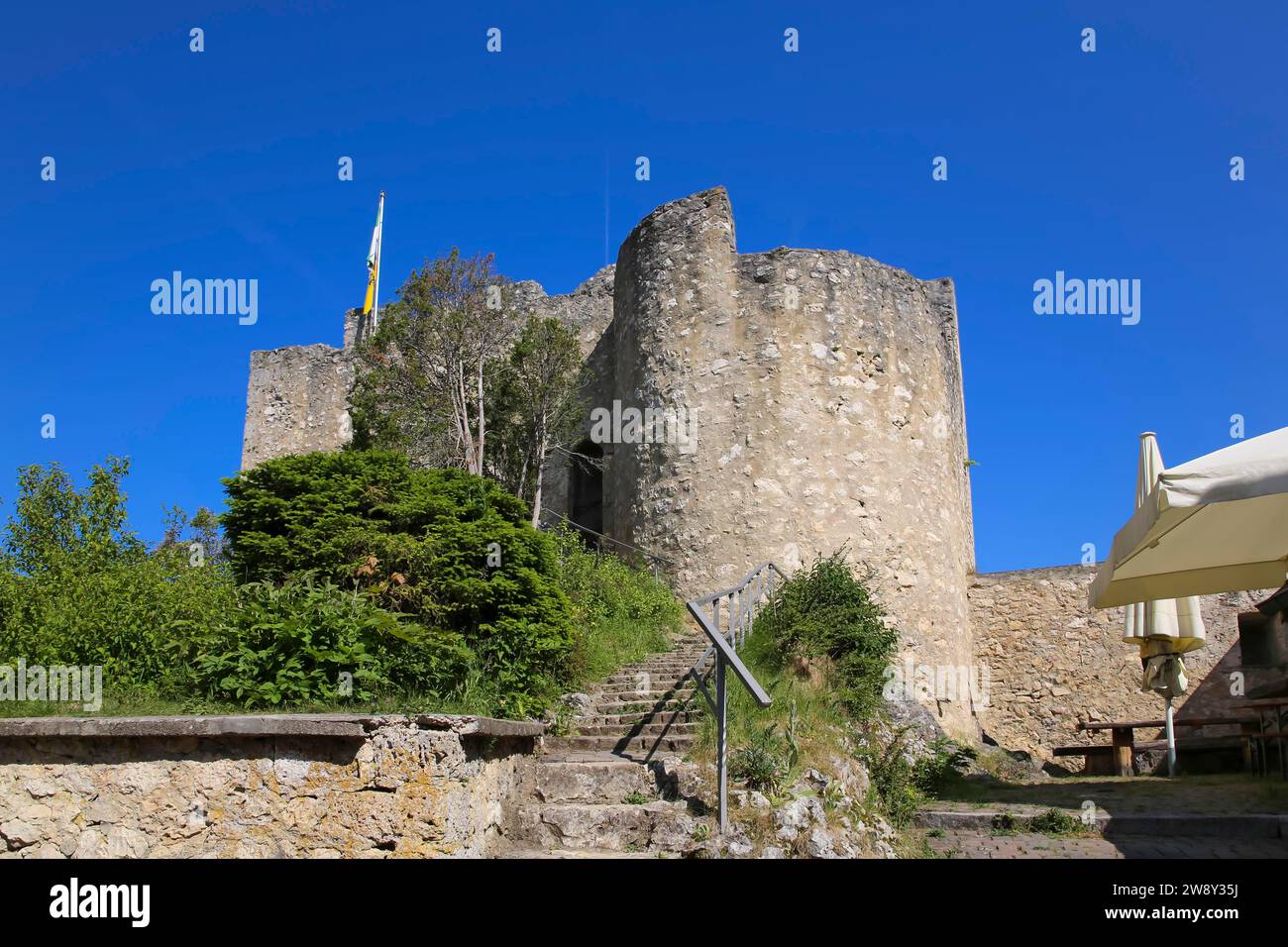Castle Derneck, medieval castle ruin, stairs, handrail, railing ...