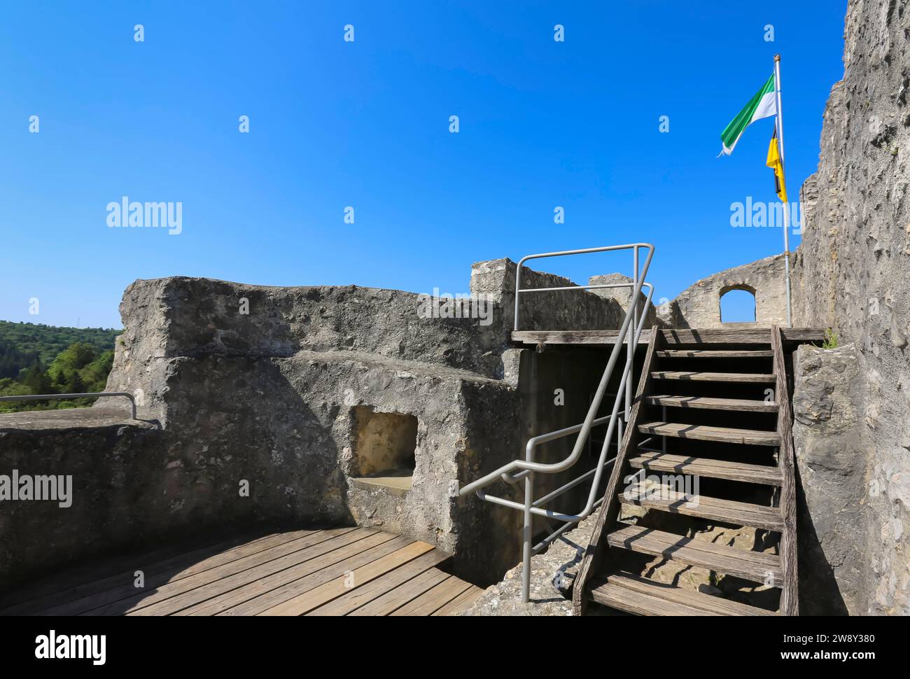 Derneck Castle, medieval castle ruins, wooden staircase, handrail ...