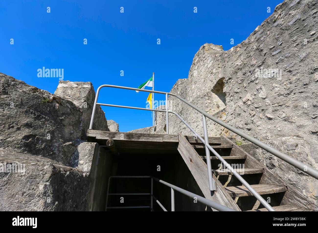 Derneck Castle, medieval castle ruins, wooden staircase, handrail ...