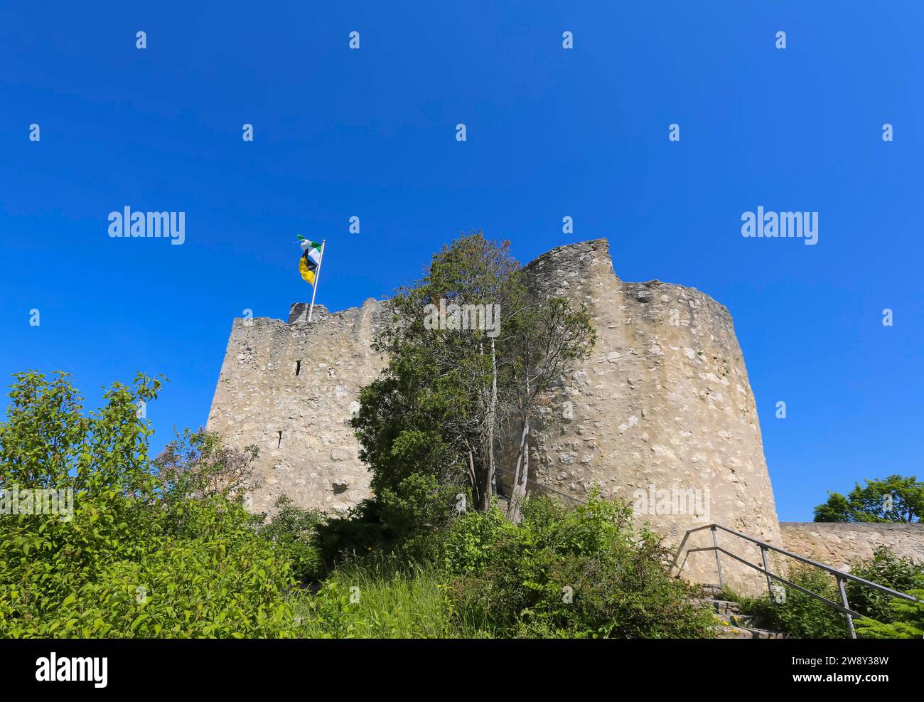 Castle Derneck, medieval castle ruin, stairs, handrail, railing ...