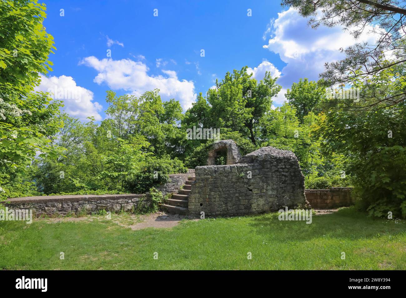 Teck Castle, remains of walls, stairs, stones, meadow, hilltop castle ...