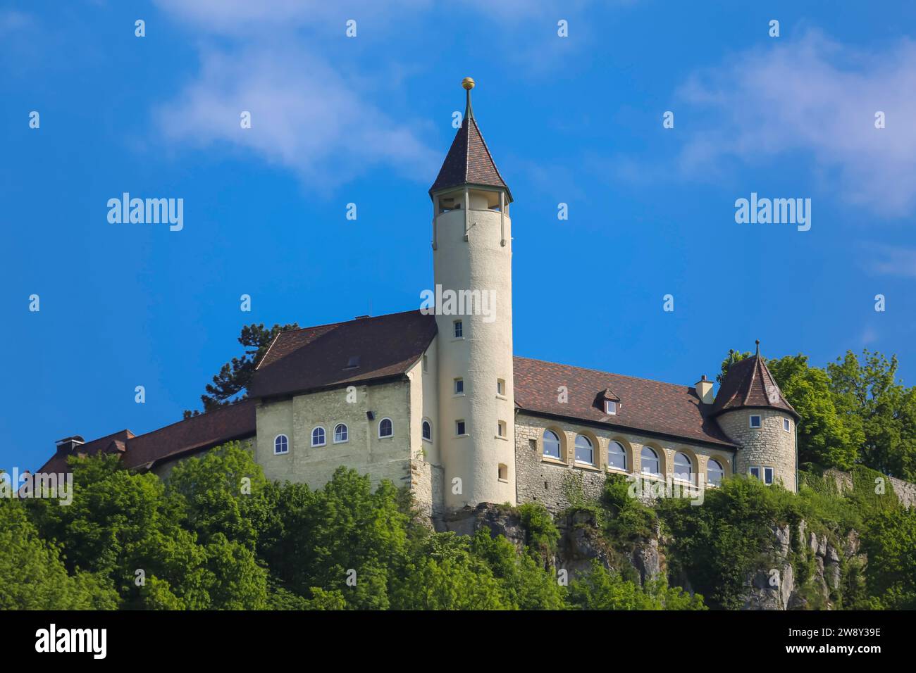 Teck Castle with hiking home of the Swabian Alb Association, hilltop ...