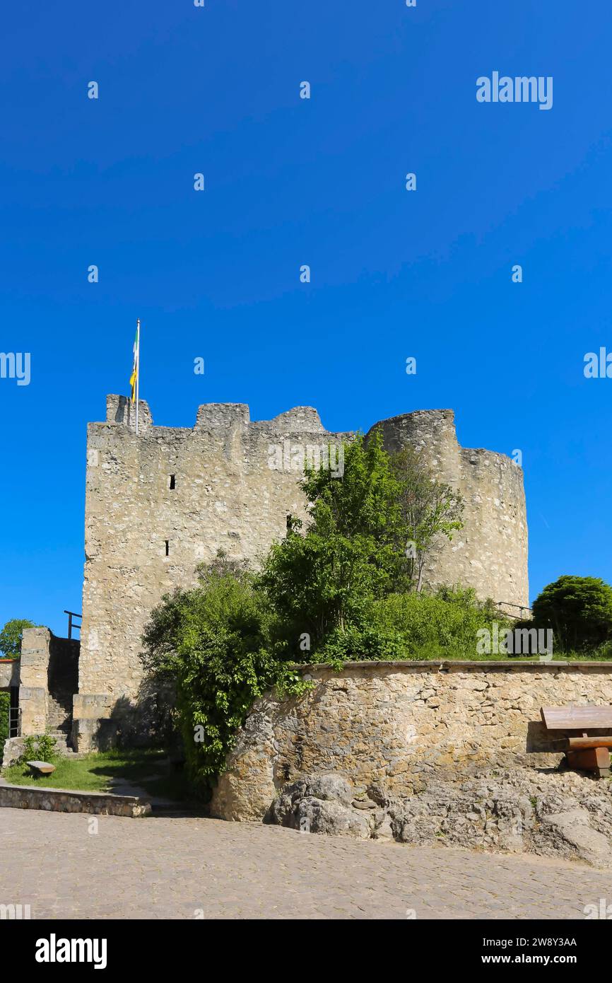 Castle Derneck, medieval castle ruin, masonry, stone, flag, blue sky ...