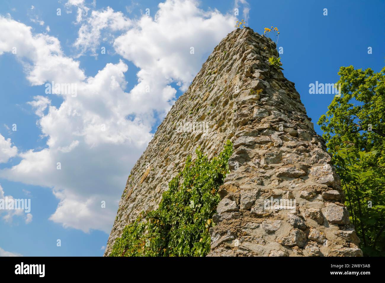 Teck Castle, remains of walls towering into the sky, clouds, stones, hilltop castle, summit ...