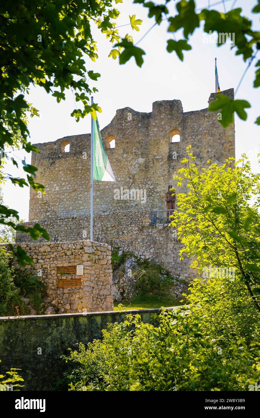 Derneck Castle, medieval castle ruins, masonry, stone, flag of the ...