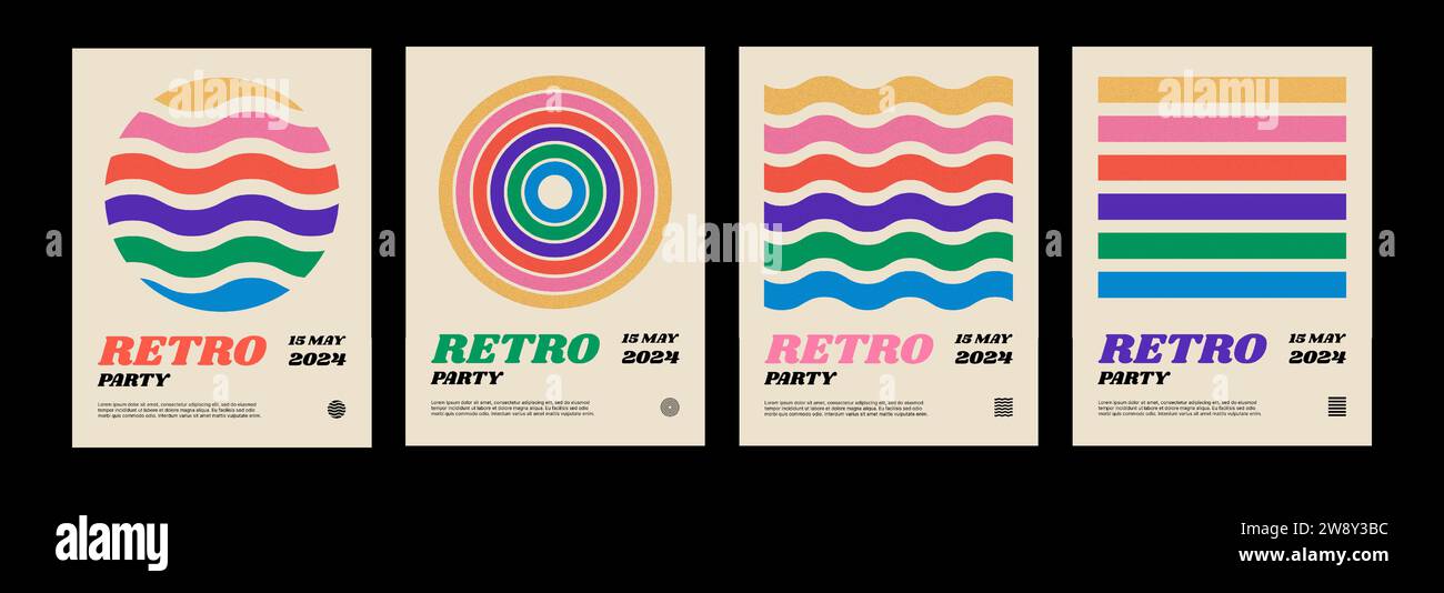 Retro line rainbow posters pack. 1970 waves for a vintage style music ...