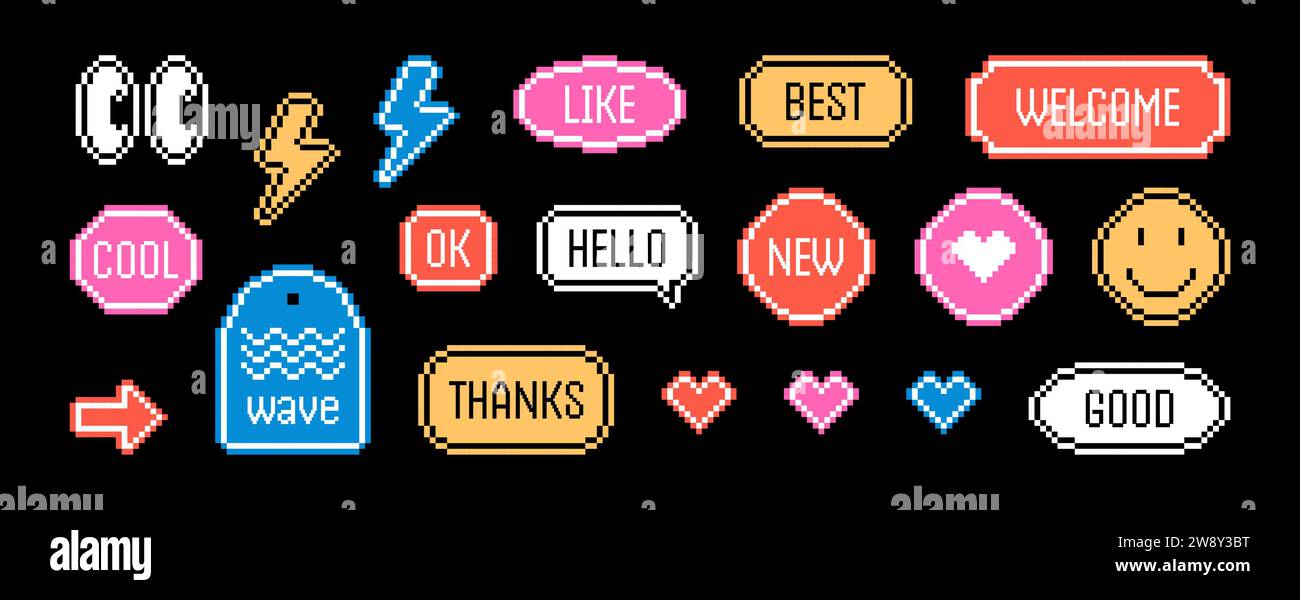 Y2k retro pixel art sticker pack. Smile, eyes and cool badge element ...