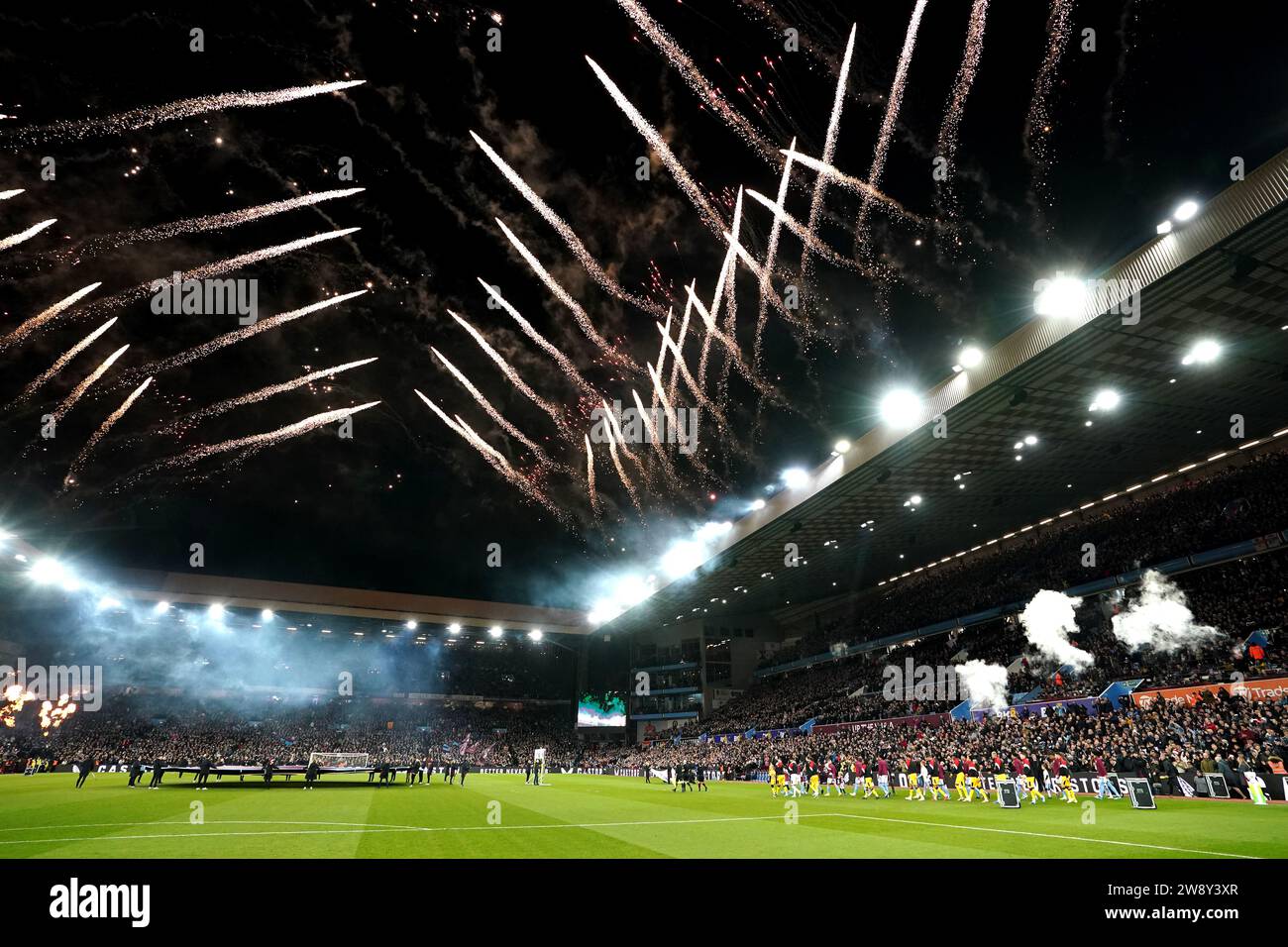 General view as fireworks go off as the two teams walk onto the pitch ...