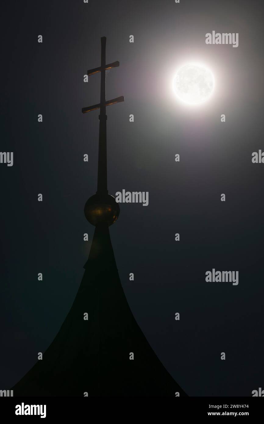 Moon, church spire, Bad Feilnbach, Bavaria, Germany Stock Photo - Alamy