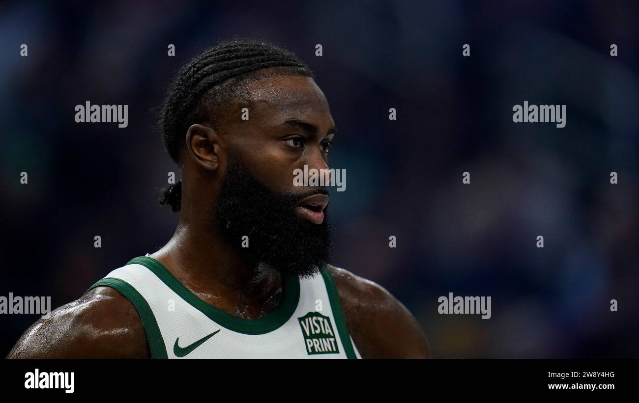 Boston Celtics forward Jaylen Brown stands on the court during the ...