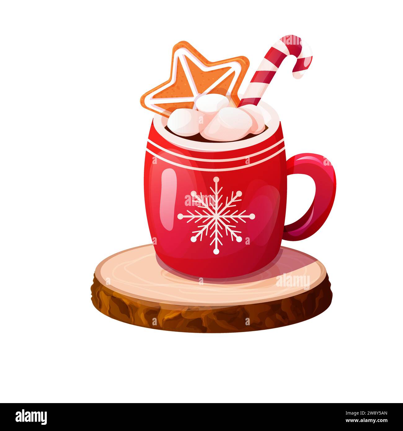 Christmas holiday red mug with hot beverage, marshmallow, gingerbread ...
