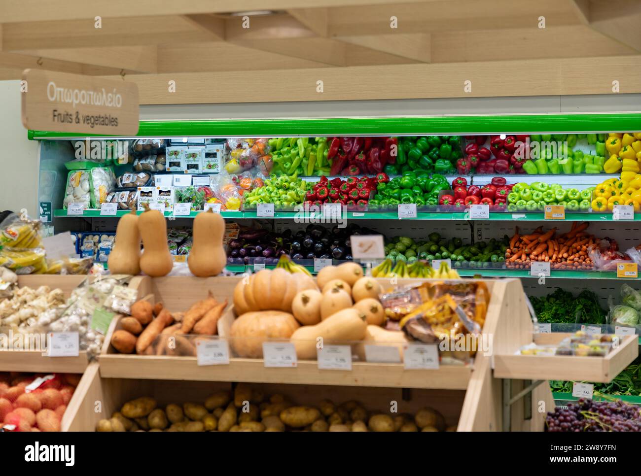 A picture of the fruits and vegetables section inside a Greek ...