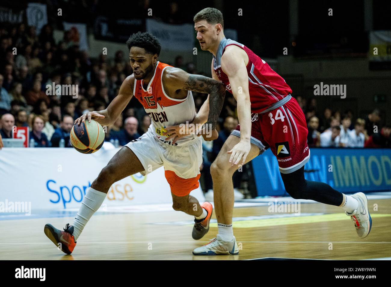 Hasselt, Belgium. 22nd Dec, 2023. Leuven's AJ Davis and Antwerp's ...