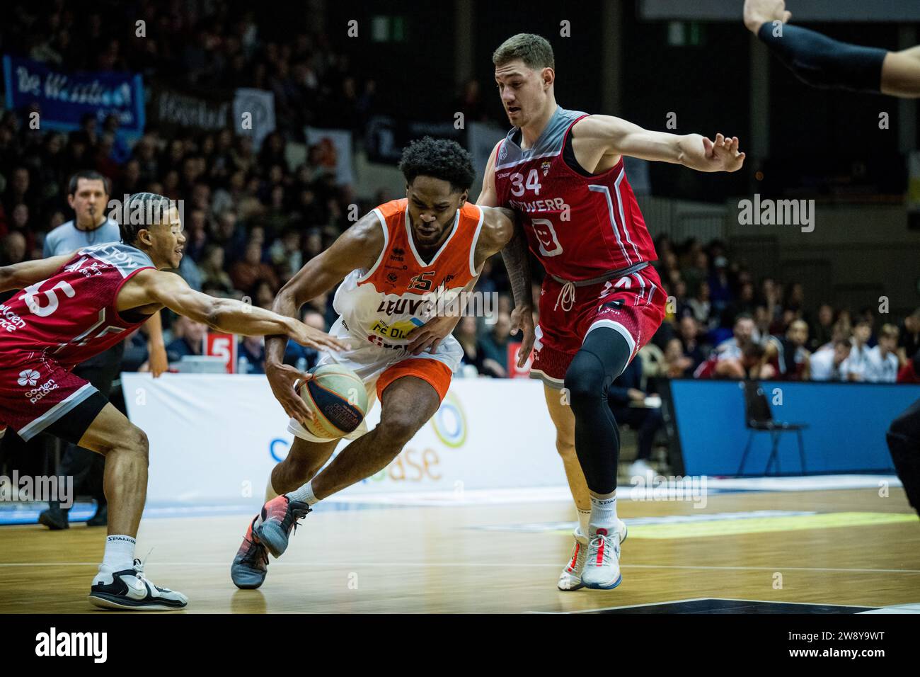 Hasselt, Belgium. 22nd Dec, 2023. Leuven's AJ Davis and Antwerp's ...