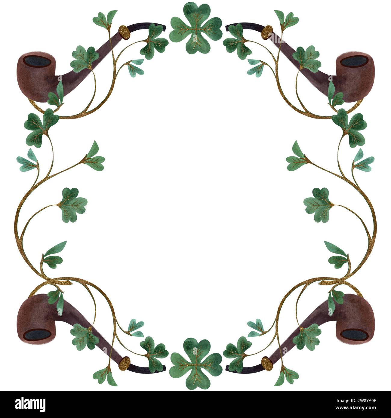 Frame of shamrock clover sprigs with leprechaun smoking pipes ...