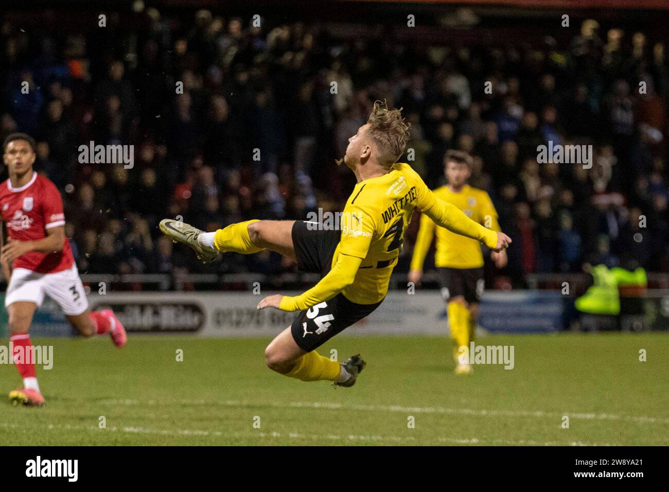 Ben Whitfield #34 of Barrow AFC attempt a bicycle kick during the Sky ...