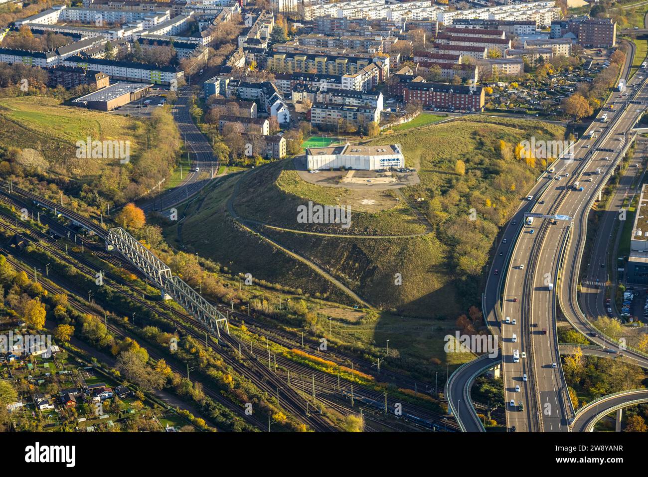 Aerial view, S-Bahn trains on tracks near the exhibition station ...