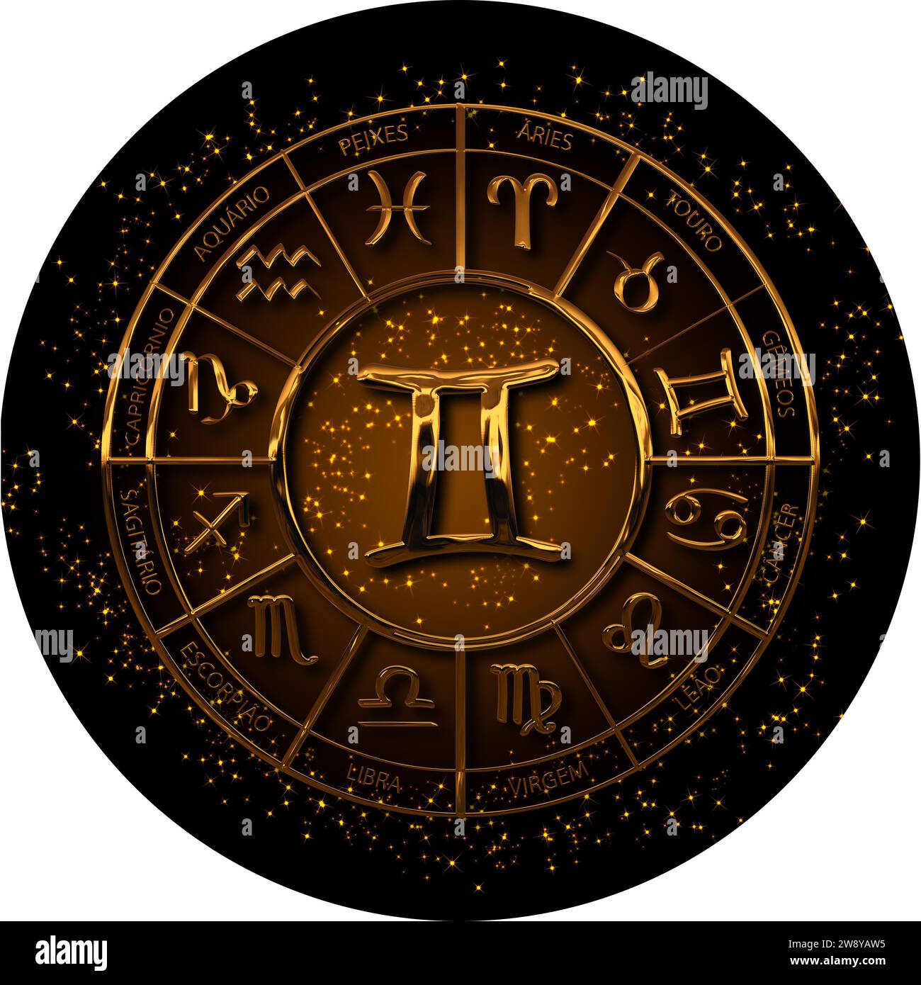 CIRCLE OF GOLDEN ZODIAC SIGNS GEMINI Stock Photo - Alamy