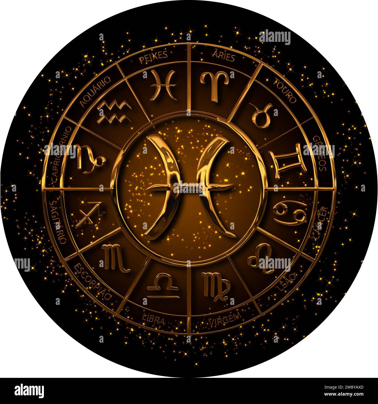 CIRCLE OF GOLDEN ZODIAC SIGNS Pisces sign Stock Photo - Alamy