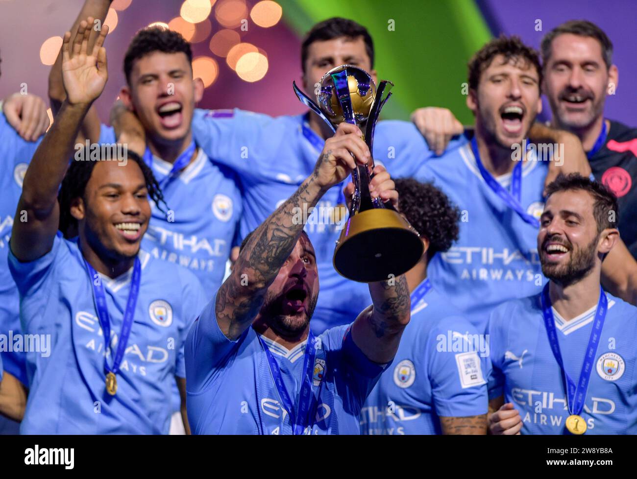 Manchester City's Kyle Walker lifts the trophy after they win the FIFA ...