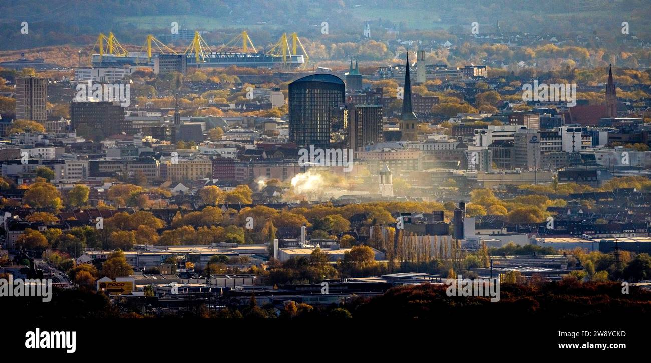 Aerial view, skyline of Dortmund city, hazy distant view with smoke ...