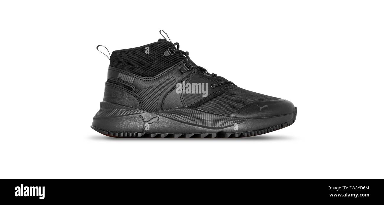 Chisinau, Moldova December 23, 2023: Puma logo. Black men's leather ...