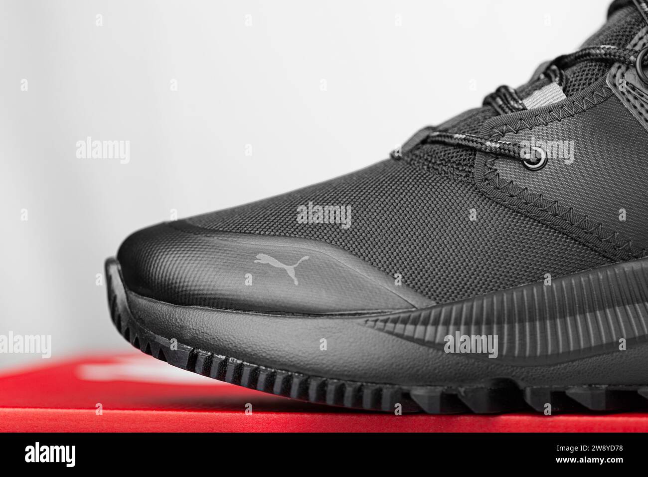 Chisinau, Moldova December 23, 2023: Puma logo. Black men's leather ...