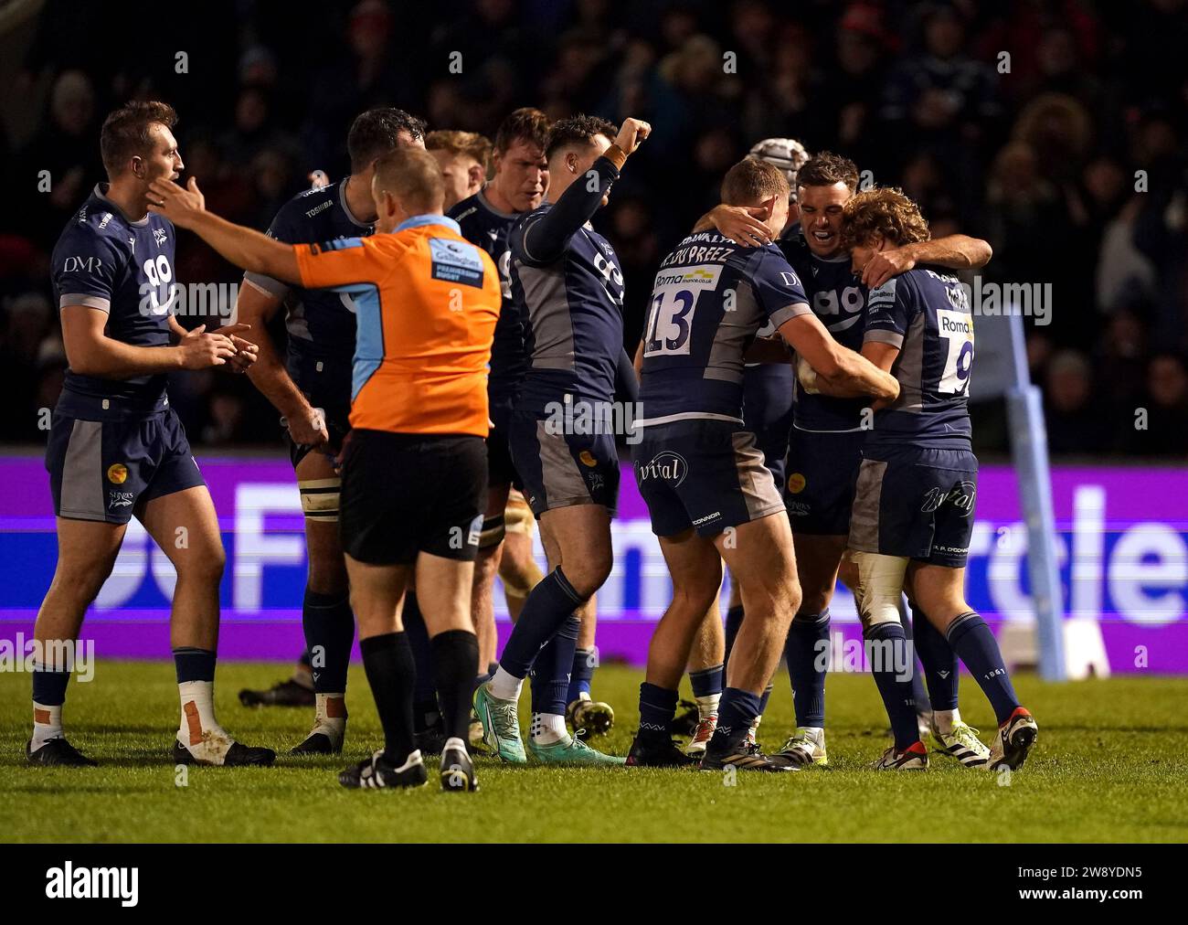 Sale Sharks' Rob du Preez, George Ford and Gus Warr celebrate their win ...