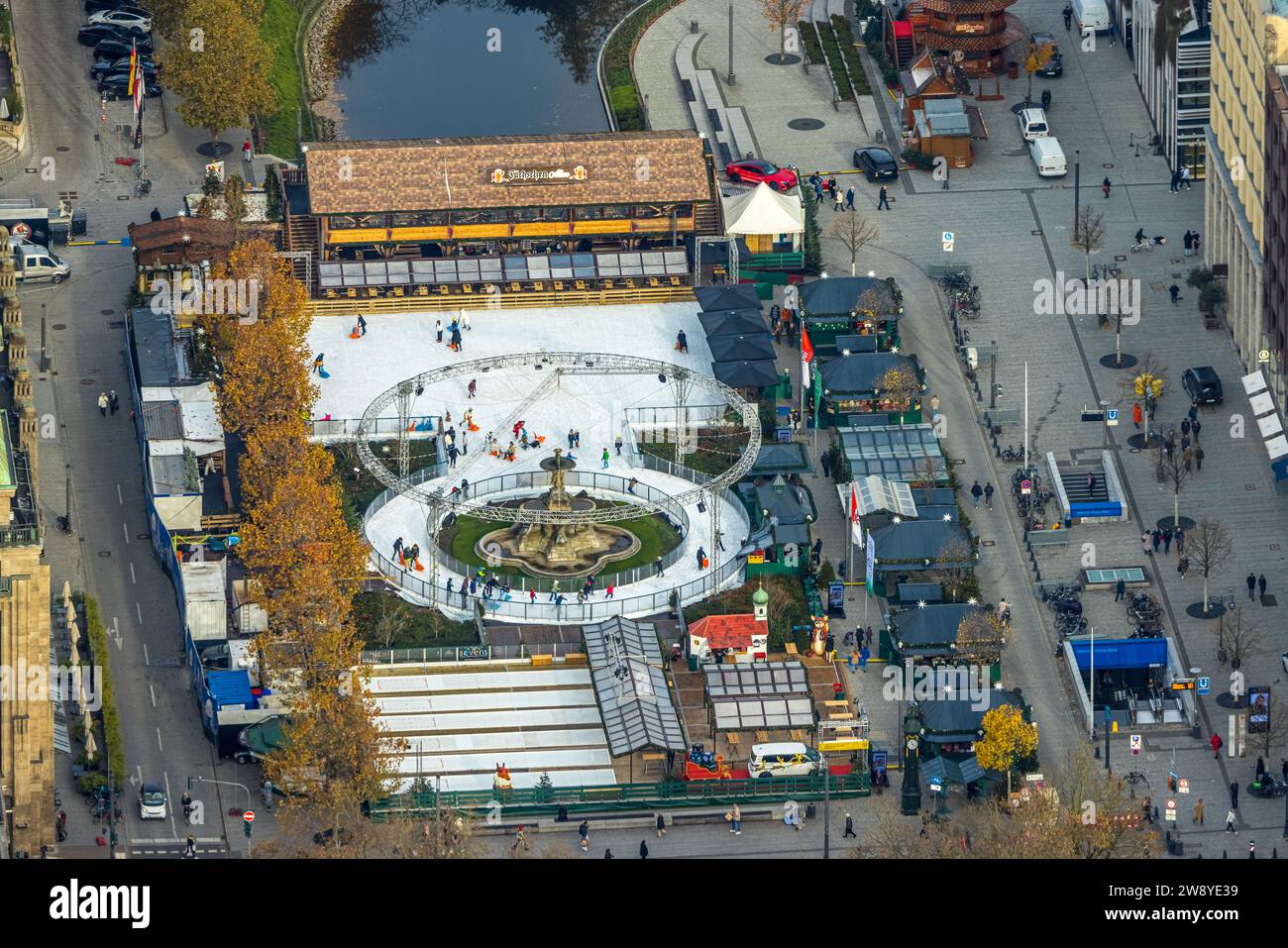 Aerial view, ice skating on the Corneliusplatz ice rink in the ...
