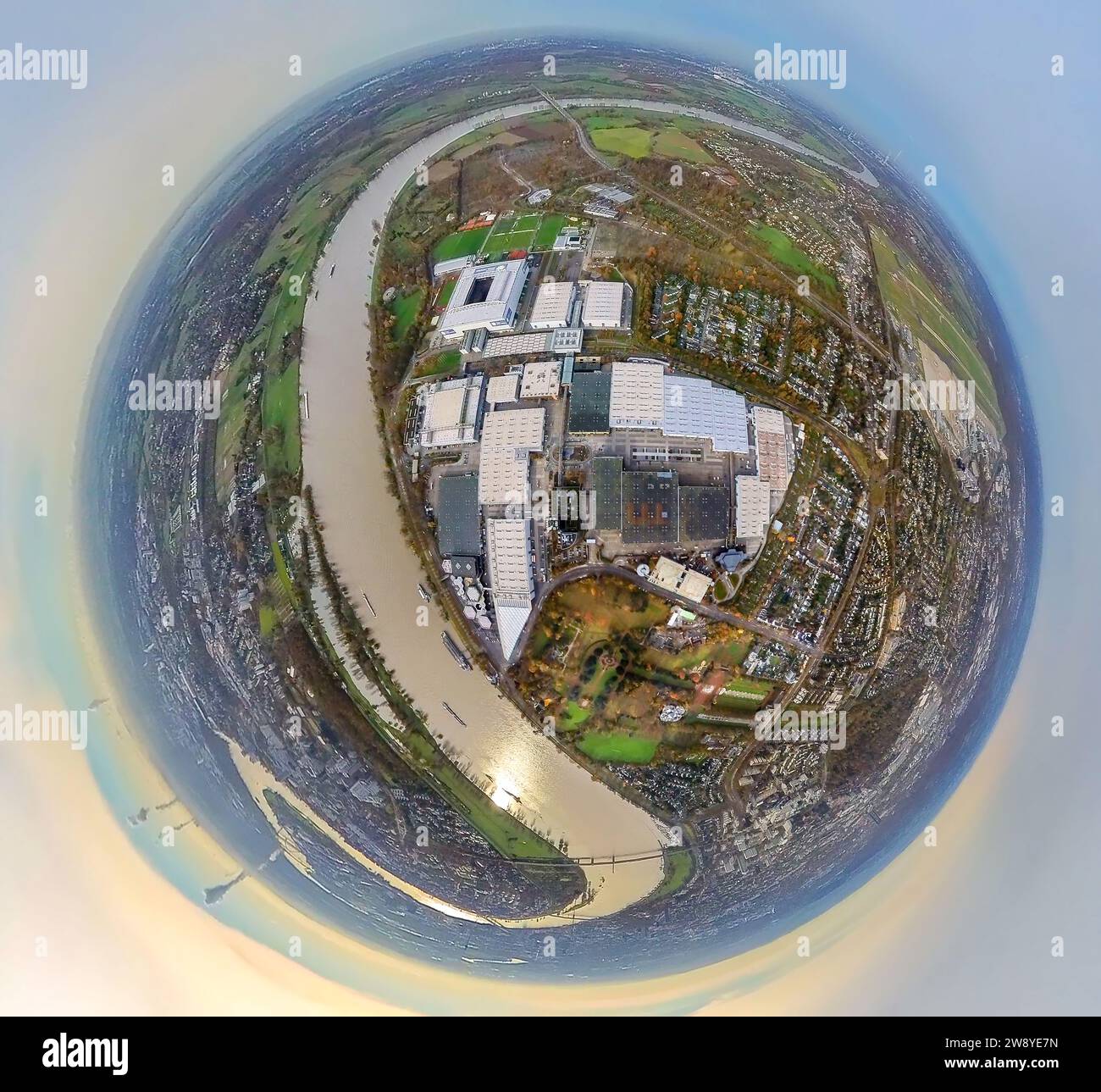 Aerial view, grounds and halls of Messe Düsseldorf on the river Rhine ...