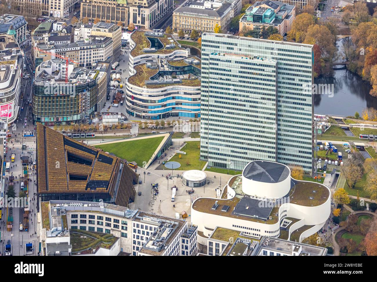 Aerial view, Dreischeibenhaus skyscraper, Schadowstraße commercial ...