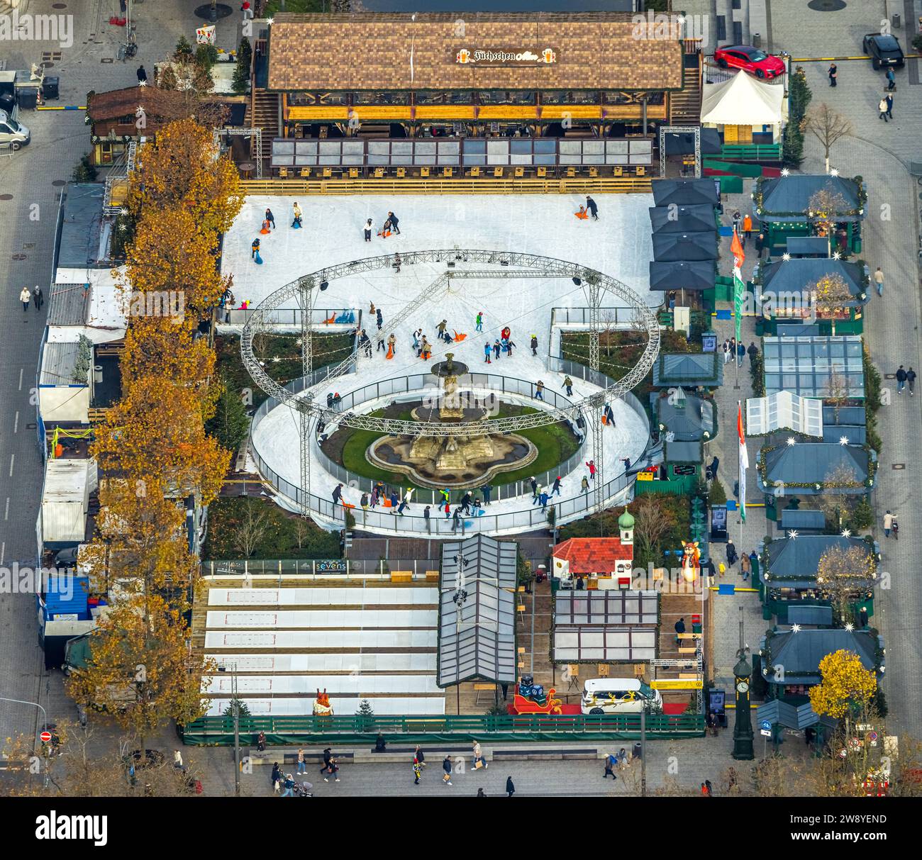 Aerial view, ice skating on the Corneliusplatz ice rink in the ...