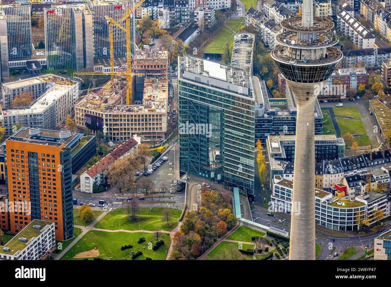 Aerial view, Rhine Tower spire, commercial buildings at Bürgerpark ...