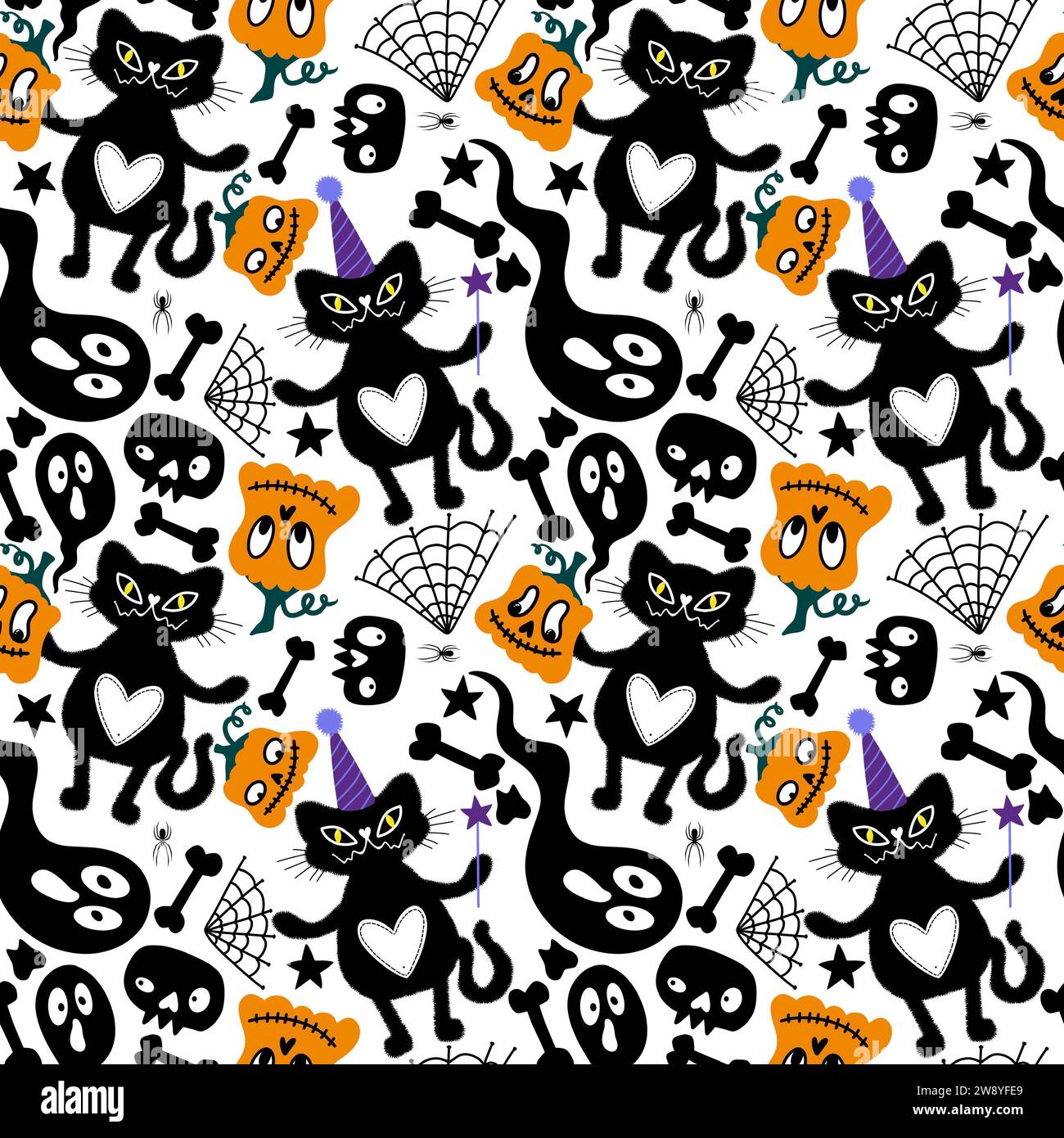 Halloween cat seamless pumpkins and ghost pattern for wrapping paper ...
