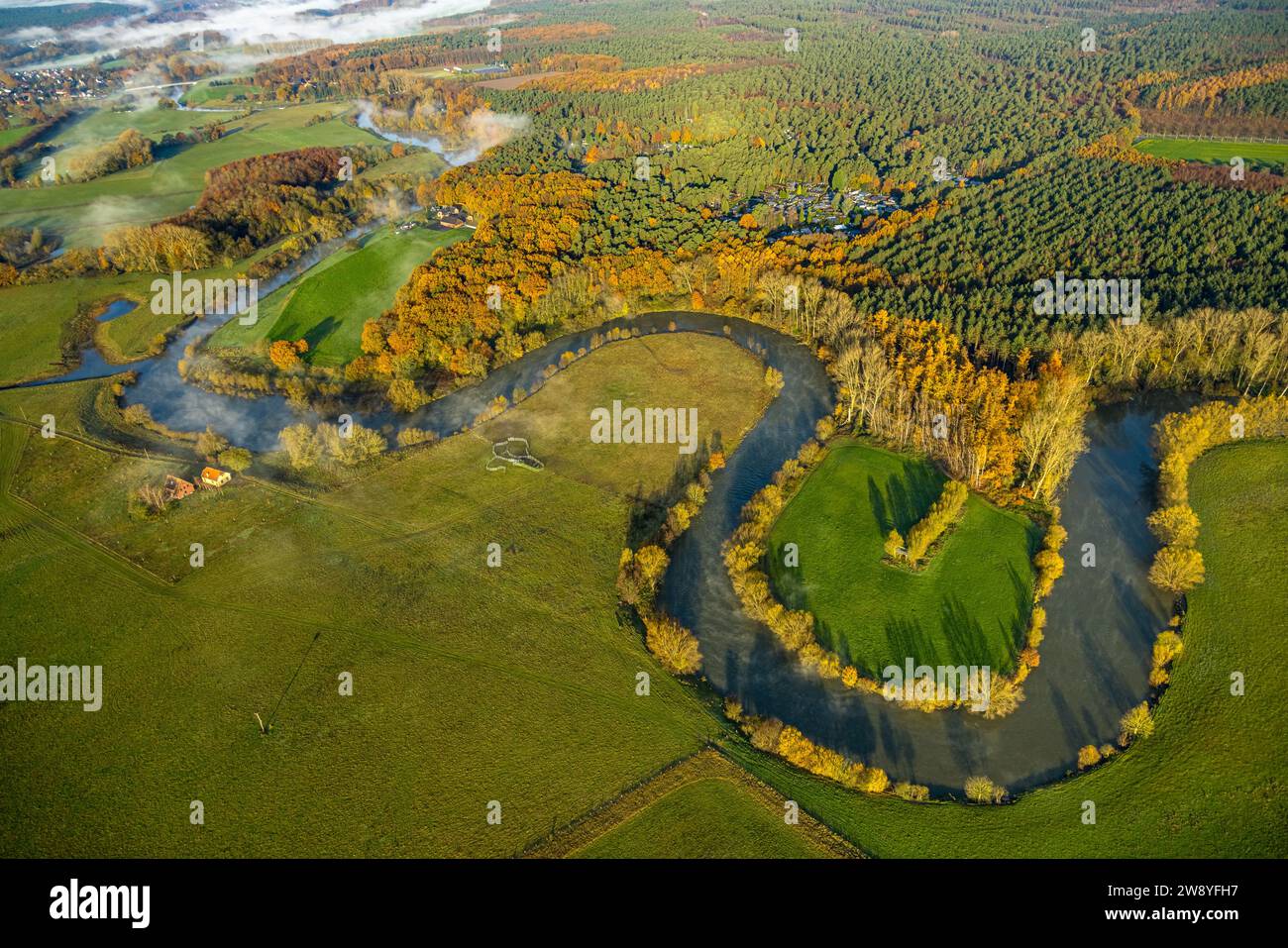 Aerial view, fog clouds over river Lippe river meander and Lippe ...