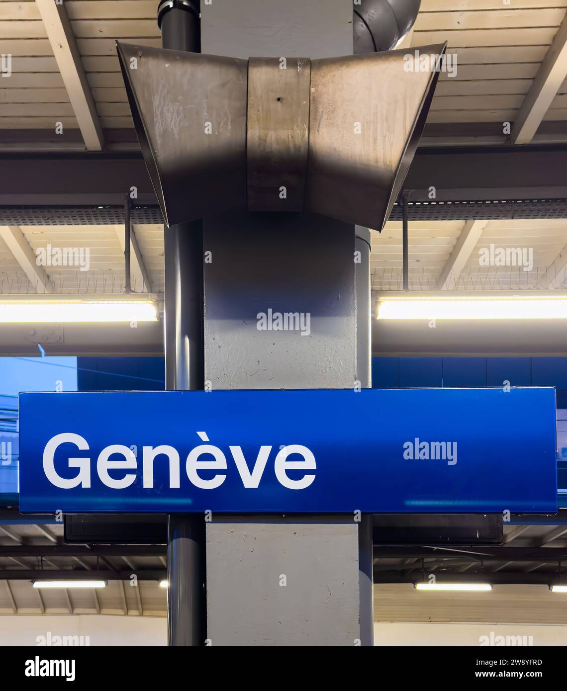 A railway station sign of the town of Geneva, the Capital of the Swiss ...