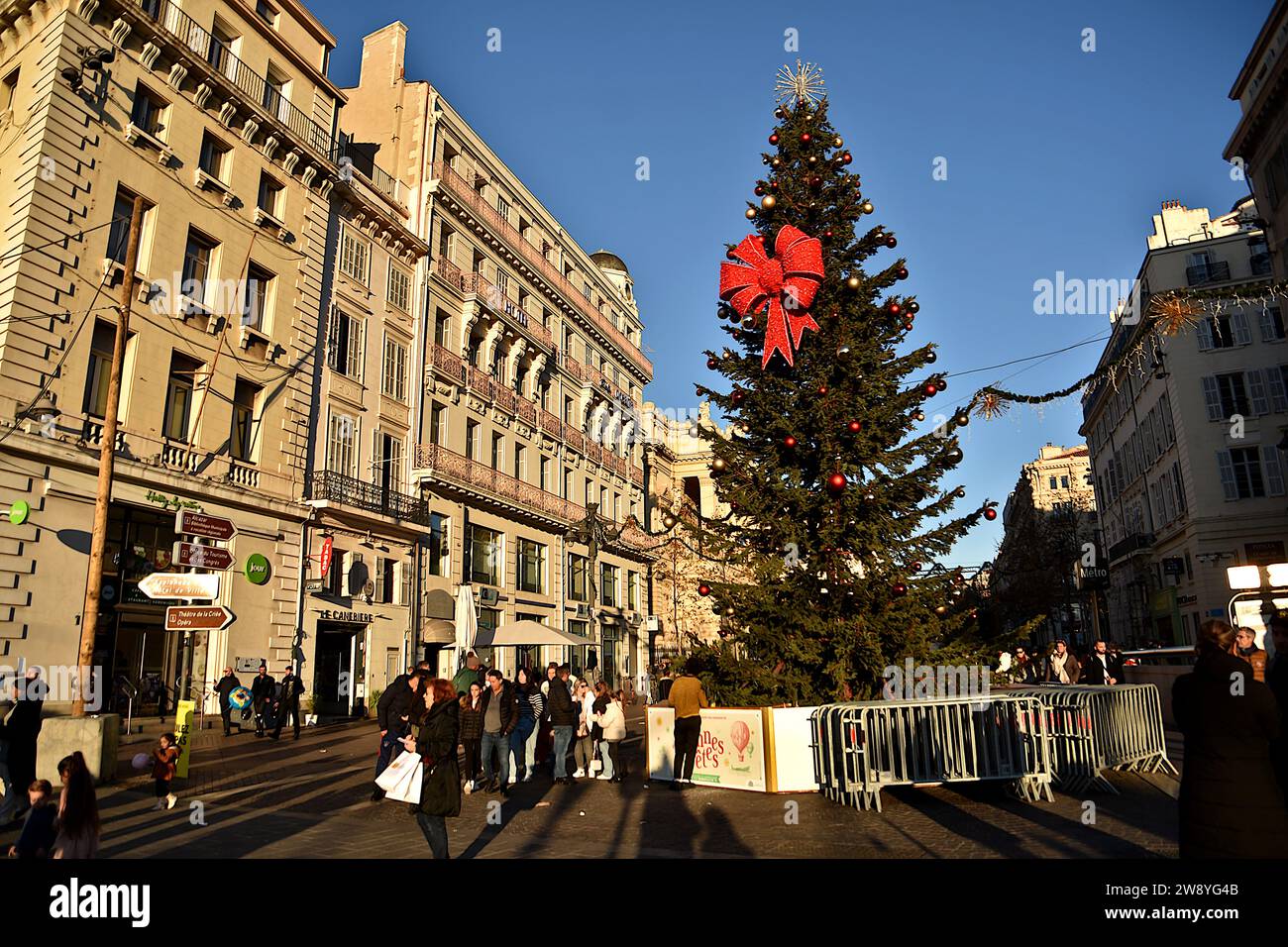 A giant Christmas tree is seen at the bottom of the La Canebière ...