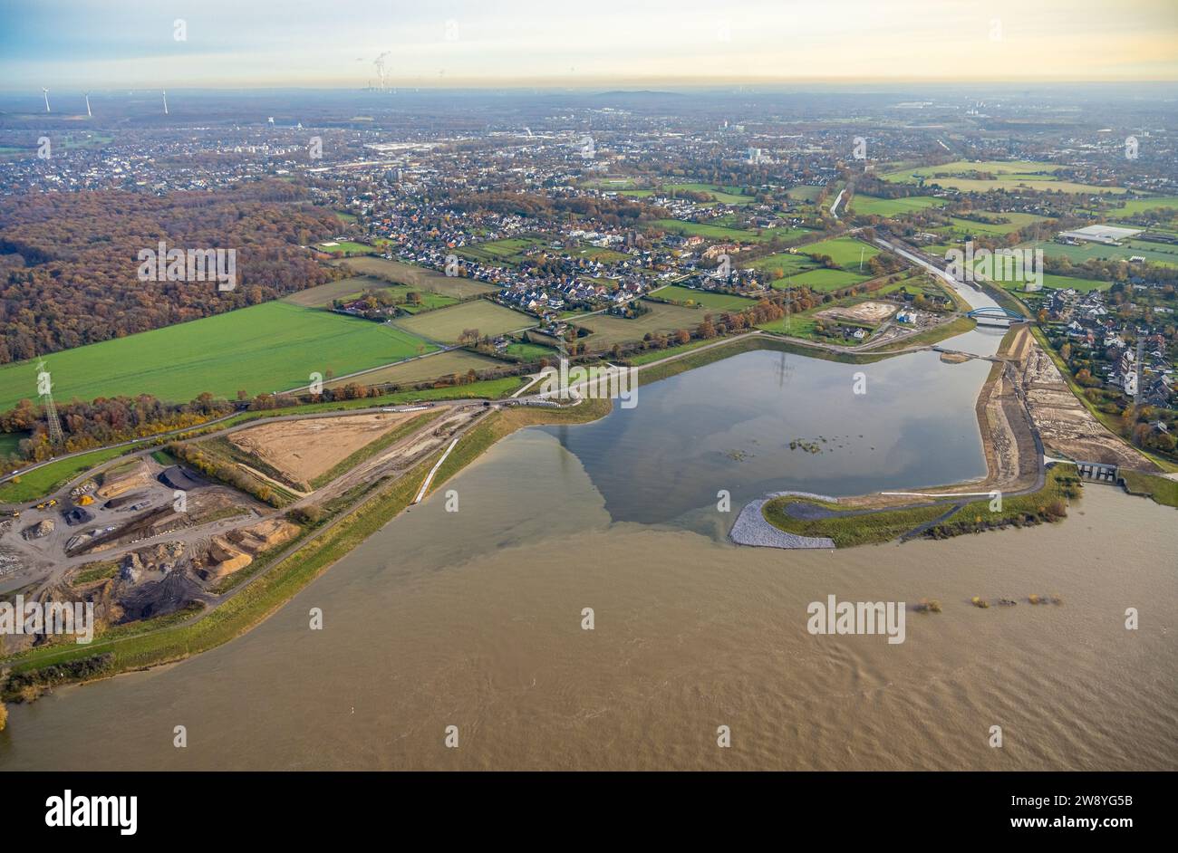 Aerial view of the flood situation at the new Emscher estuary into the ...