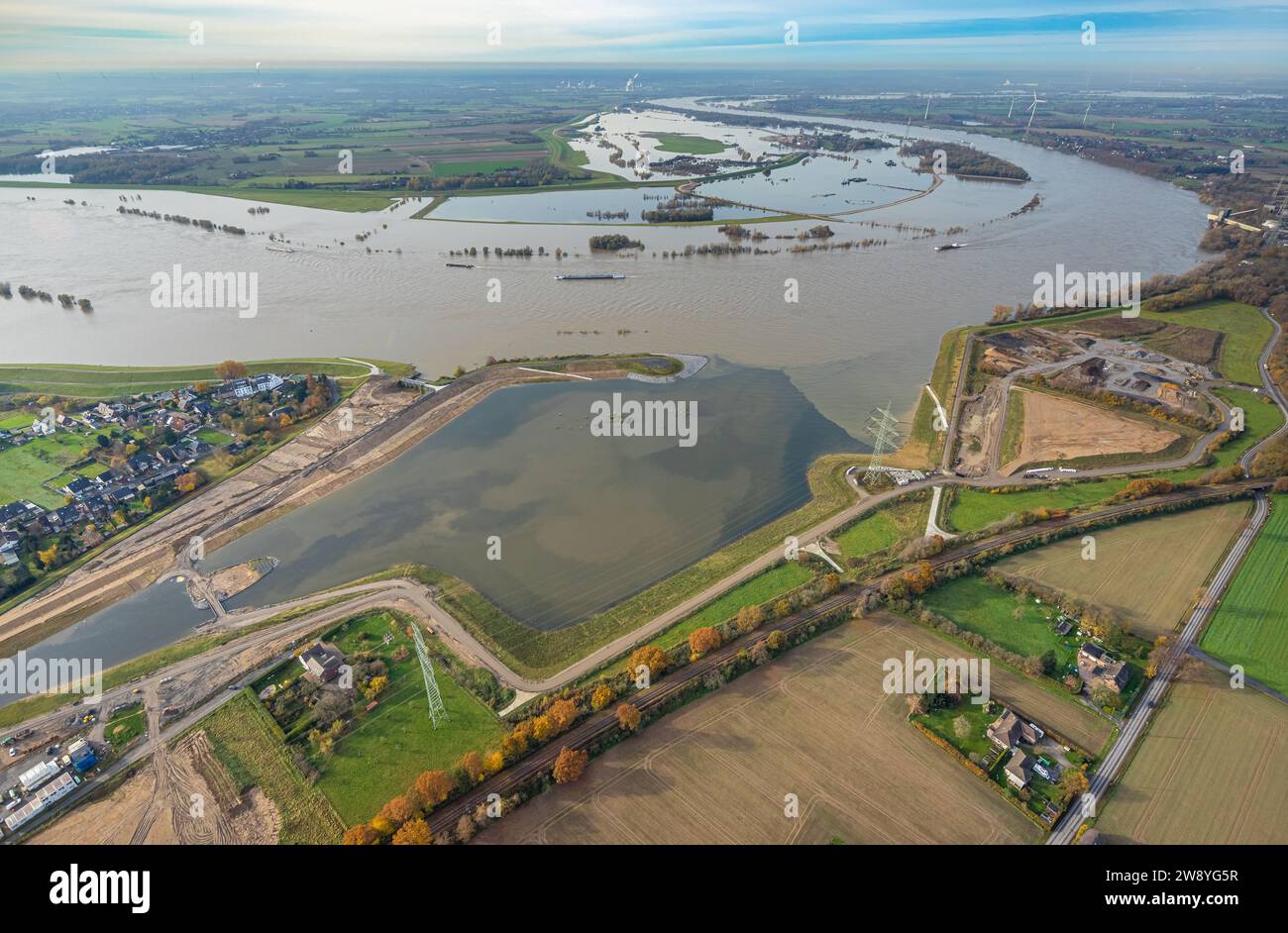 Aerial view of the flood situation at the new Emscher estuary into the ...
